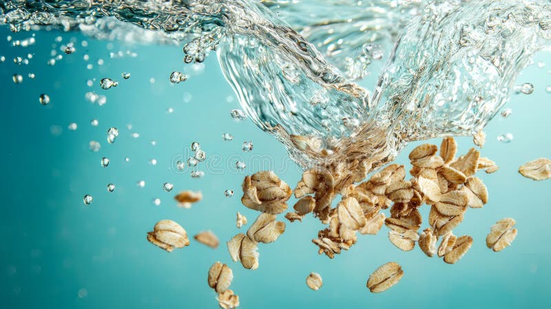 Oats Float Suspended Clear Water Creating Lively Contrast Bright ... Oats Float Suspended Clear Water Creating Lively Contrast Bright ...