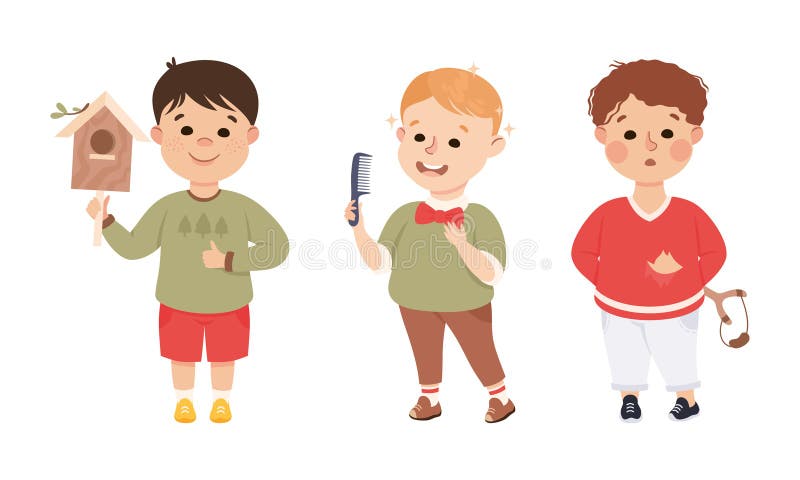 Obedient and Naughty Boy with Nesting Box and Forked Stick Vector Set ...