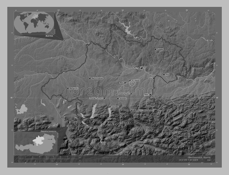 Oberosterreich, Austria. Grayscale. Labelled Points of Cities Stock ...