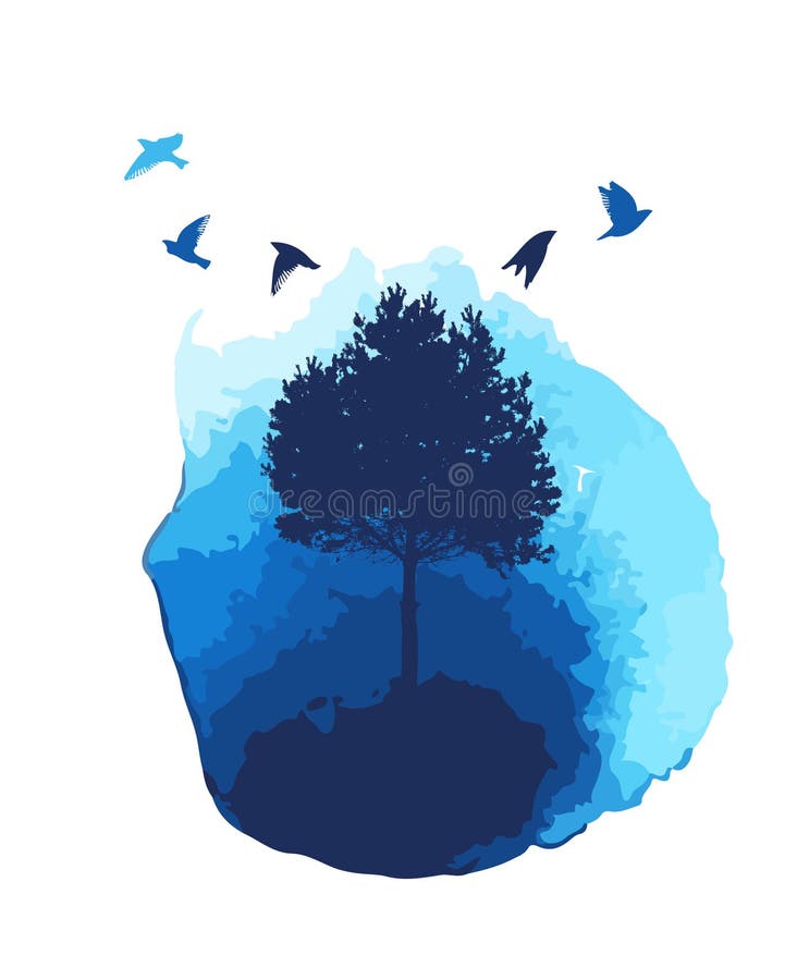 The Object is a Tree with Birds in a Watercolor. Vector Illustration ...