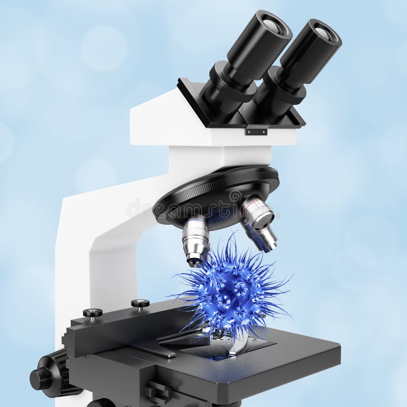 Objective Lens of Microscope and Blue Virus Cell or Bacteria. 3d ...