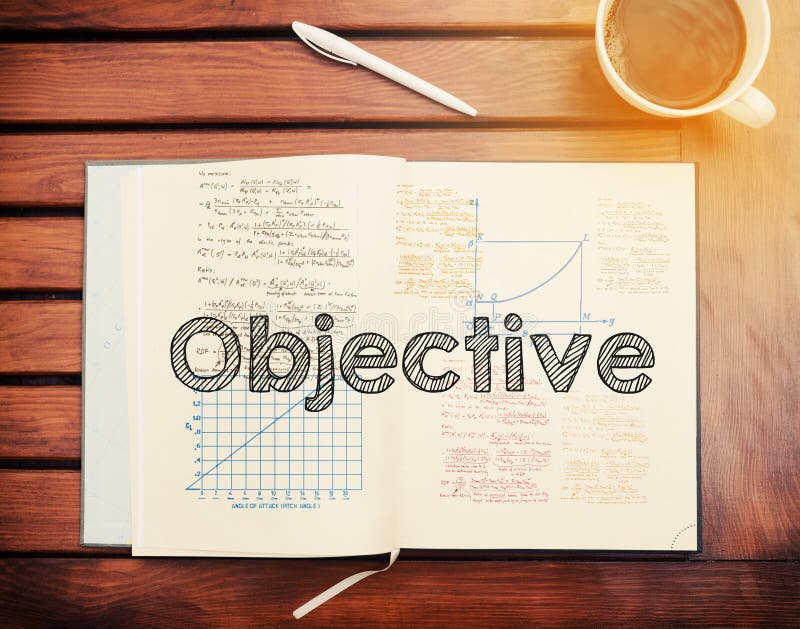 Objective : Text Inside Notebook on Table with Coffee Stock Image ...