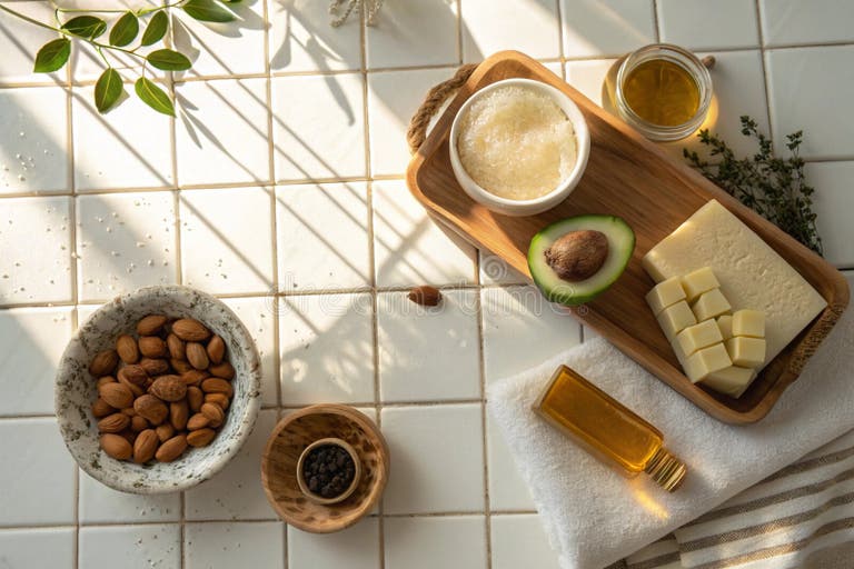 Objects Arranged on White Tile Bathroom Background with Sunlight Stock ...