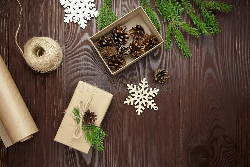 Objects for Decorating Christmas Gift Boxes Over Wooden Table Stock ...