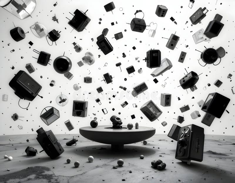 Objects Floating Around a Table in a Studio Stock Illustration ...