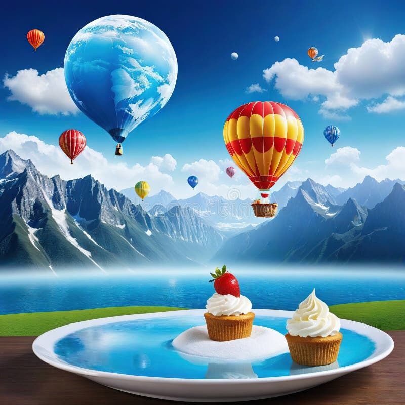 Of Objects Floating in Ther with Mountains and Clouds in the Background ...