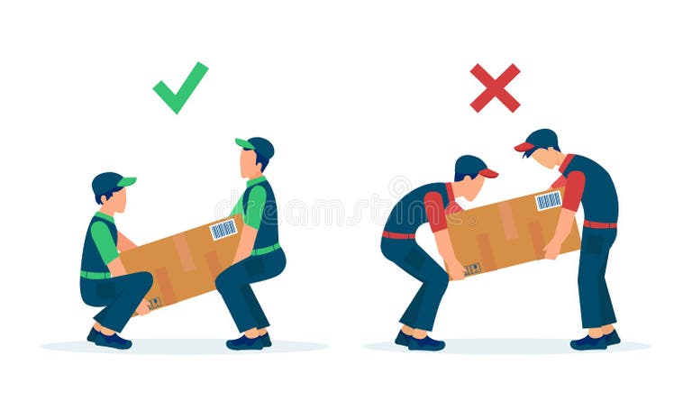 Vector of Movers Workers Load Heavy Boxes Safety with Correct Body ...