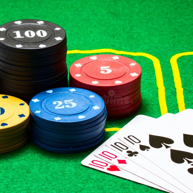 Objects for Playing Poker Chips and Cards on a Bright Green Canvas ...