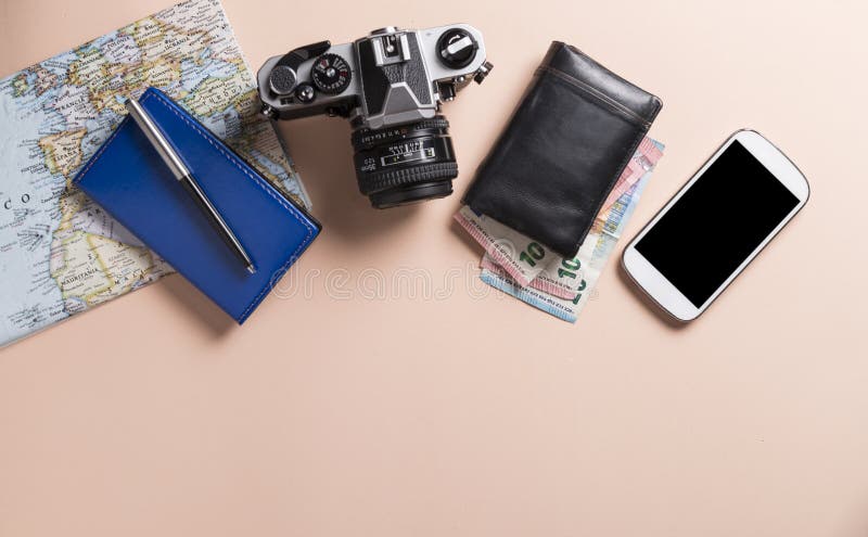 Objects Related To Travel on Pink Background Stock Photo - Image of ...