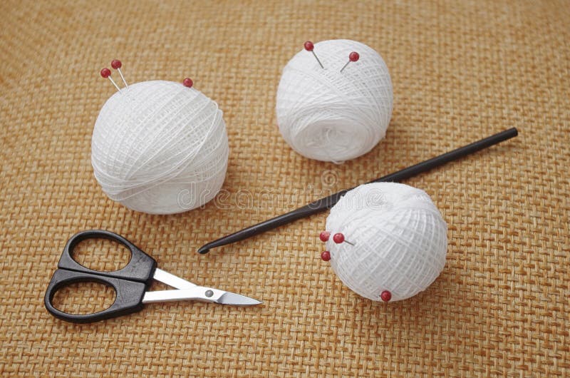 Objects for Sewing. Scissors and Pins. Hanks Thread on Mat Stock Photo ...