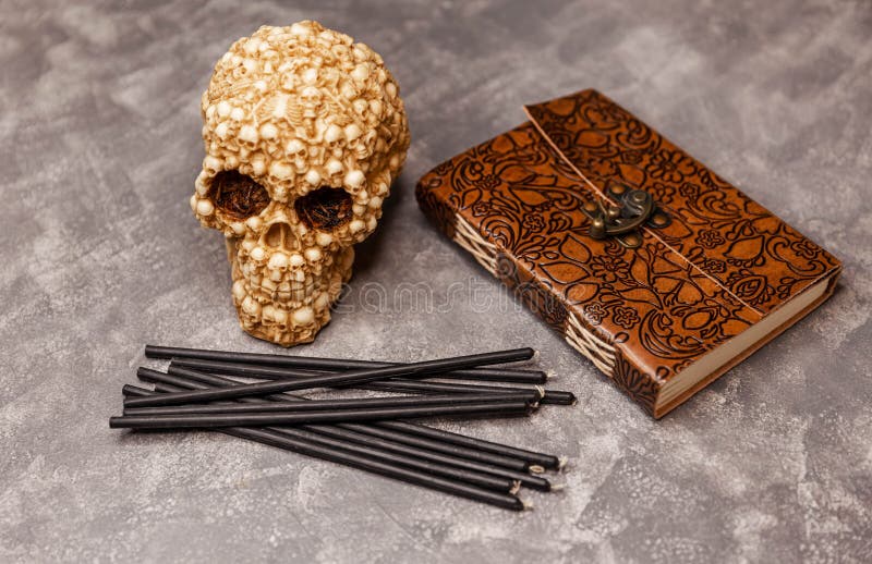 Objects Skull, Black Candles, Old Book for Magical Rituals on Dark ...
