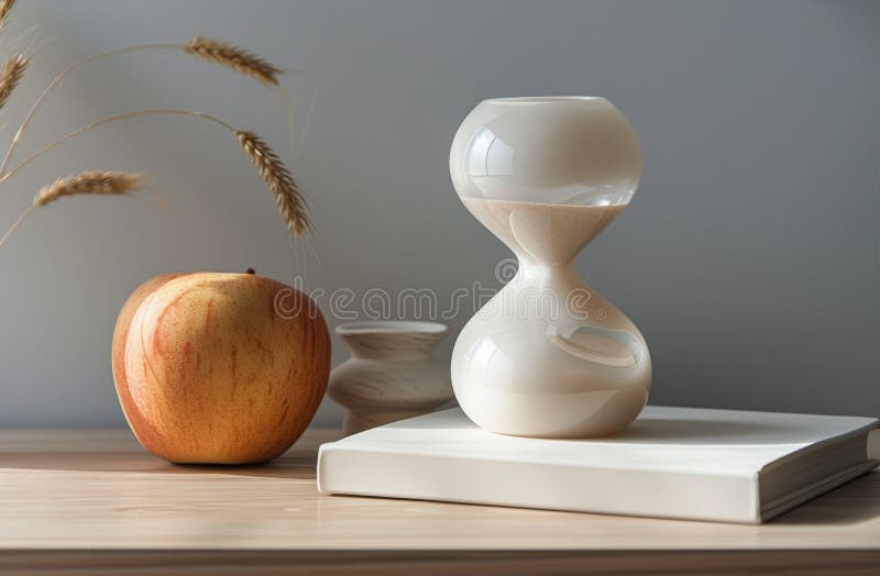 Objects on Table: Apple, Hourglass, Book Stock Image - Image of reading ...