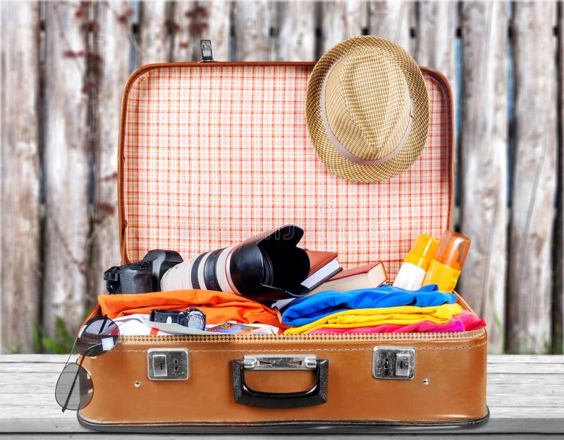 Retro Suitcase with Travel Objects on Background Stock Image - Image of ...