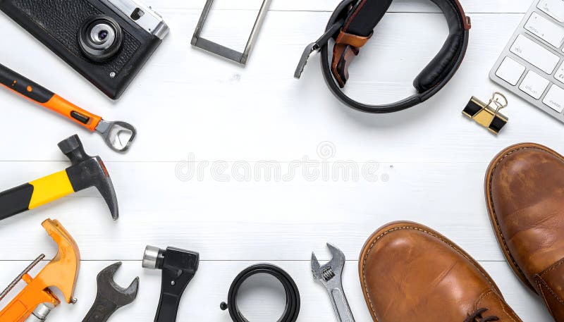 Objects on White Wood Surface Camera, Tools, Shoes Stock Photo - Image ...