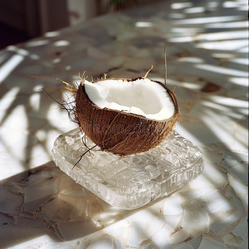 Oblique View of a Coconut on a Plastic Table Stock Illustration ...