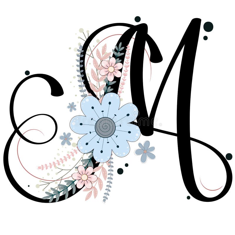 Alphabet Ornaments. LETTER M Floral Vector with Flowers and Leaves ...