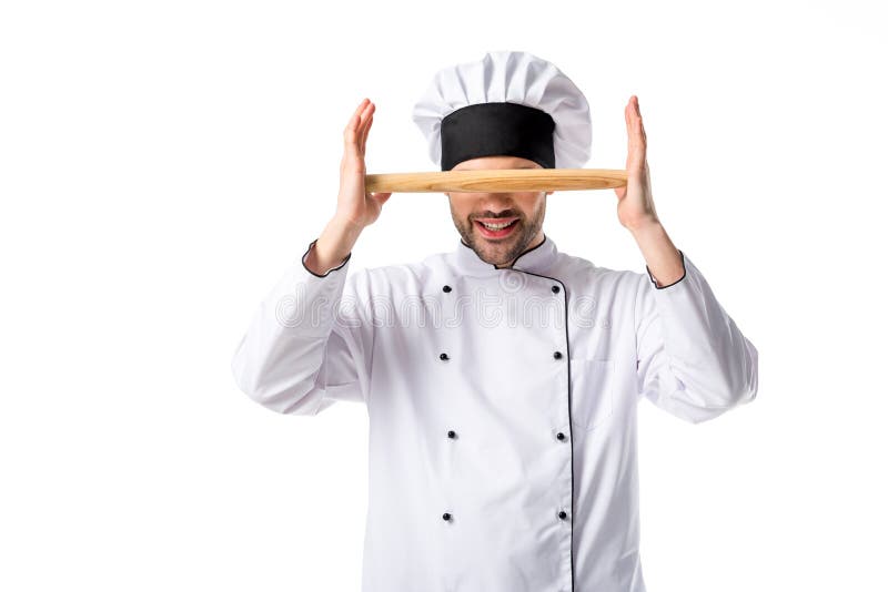 Obscured View of Chef in Uniform with Wooden Rolling Pin Stock Image ...