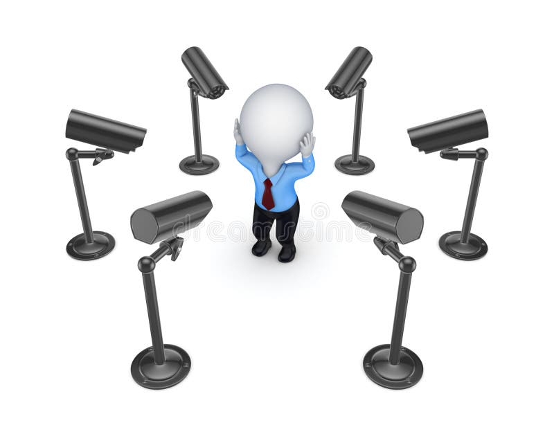 Observation Cameras and Stressed 3d Small Person. Stock Illustration ...