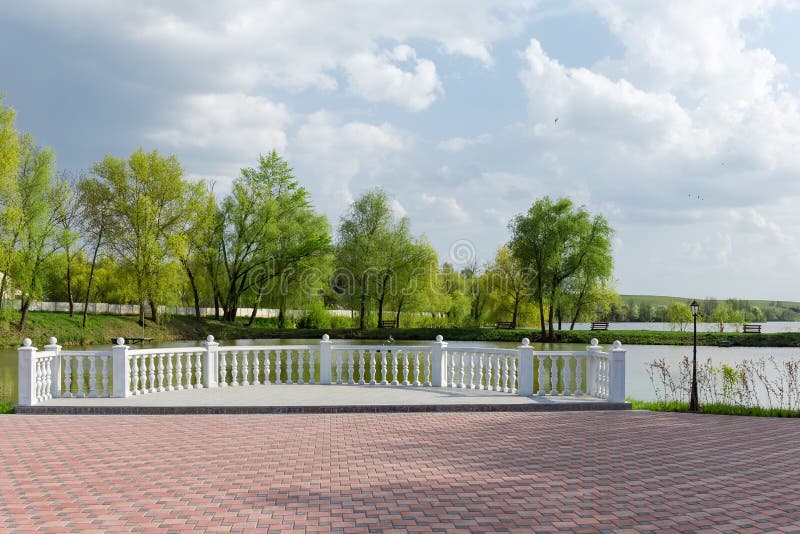 Observation Deck with Balustrade Over Pond in the Park Stock Image ...