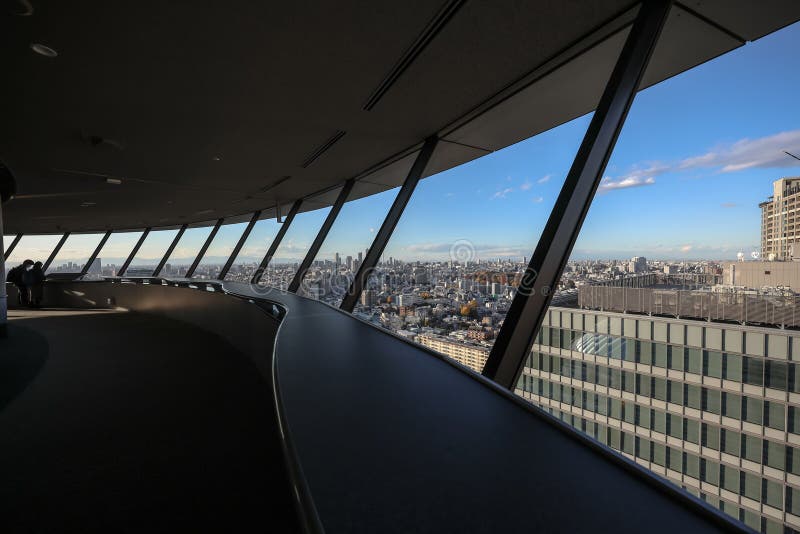 Observation Deck with Cityscape View through Modern Windows, Tokyo Dec ...