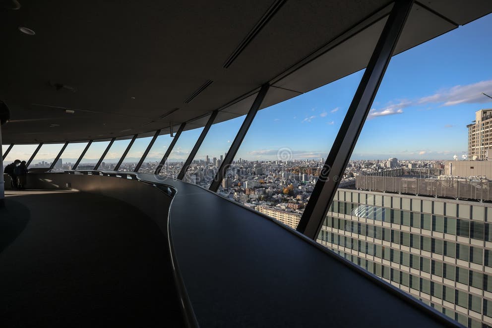 Observation Deck with Cityscape View through Modern Windows, Tokyo Dec ...