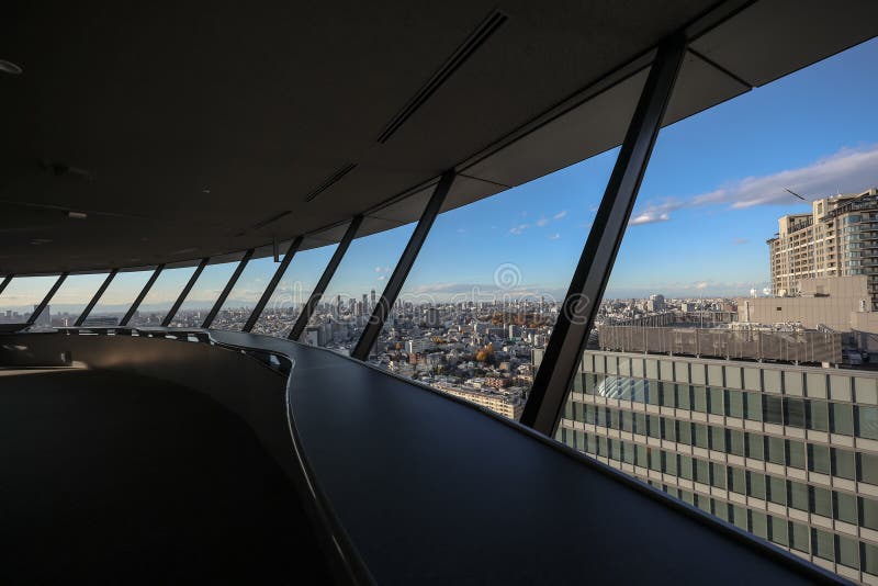 Observation Deck with Cityscape View through Modern Windows, Tokyo Dec ...