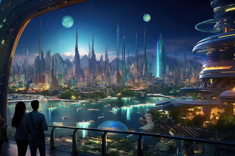 Observation Deck Overlooking a Futuristic Waterfront City Stock ...
