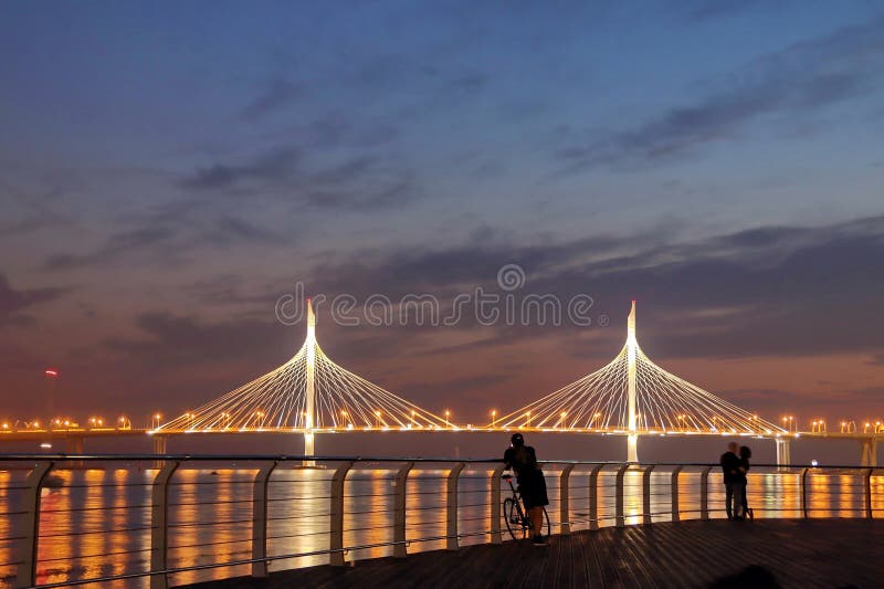 Observation Deck on the Shore with a View of the Cable-stayed Bridge ...
