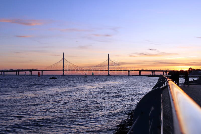 Observation Deck on the Shore with a View of the Cable-stayed Bridge ...