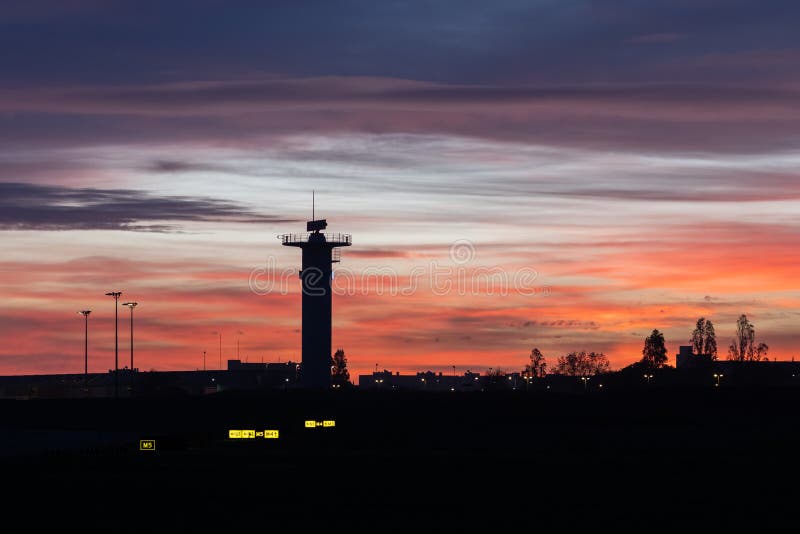 Observation Tower at the Airport at Bright Sunset Stock Image - Image ...