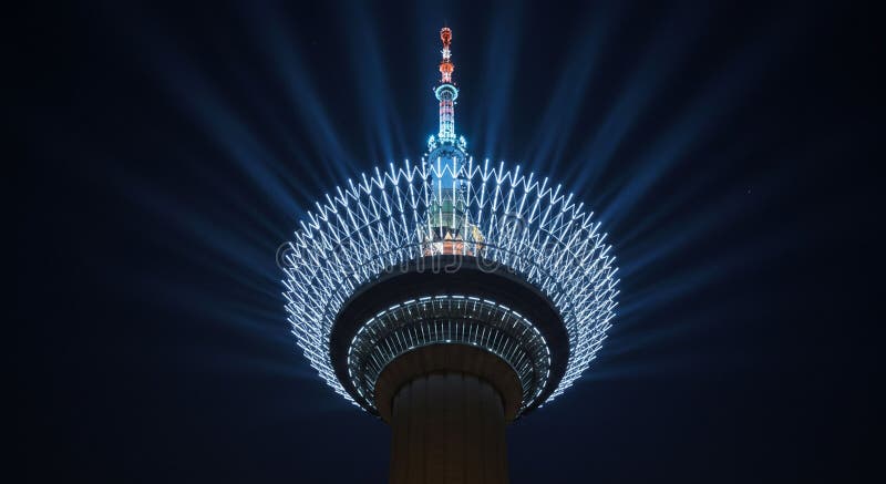 Observation Tower at Night with Bright, Radiating LED Lights Forming ...