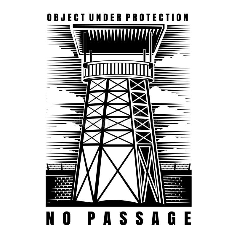 Observation Tower with Wall and Barbed Wire Isolated on White. Vector ...