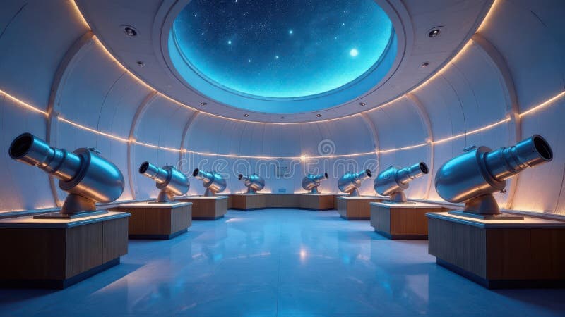 Observatory Interior a Celestial Chamber with Sleek Metallic Telescopes ...