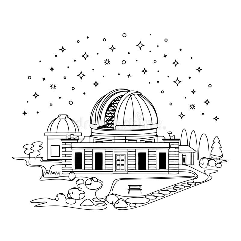 Observatory Line Art Vector with Starry Night Sky for Educational and ...