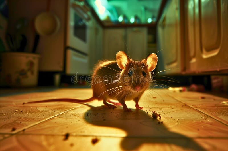 Adventurous Mouse Cautiously Wandering through a Nighttime Kitchen ...