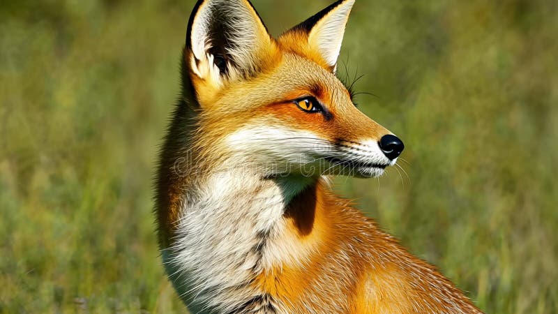 A Red Fox Sits Gracefully in a Lush Green Meadow during the Golden Hour ...