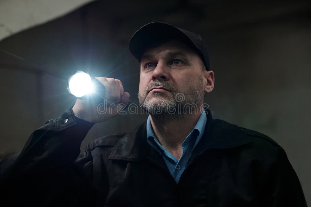 Observing Dark Corridor with Flashlight Stock Photo - Image of check ...