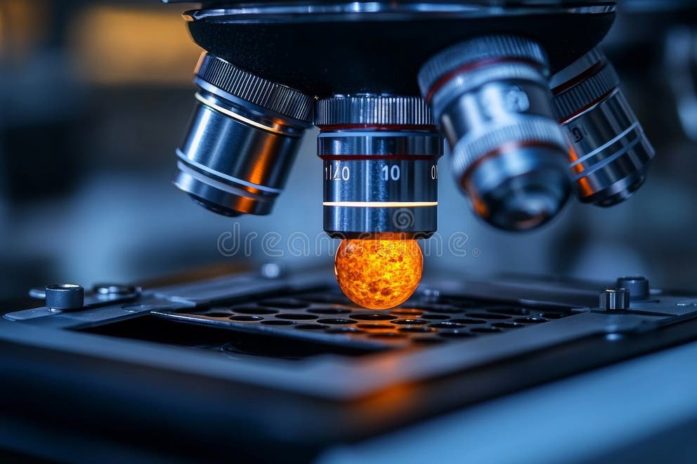 Observing a Glowing Cell Under a Microscope in a Laboratory during ...