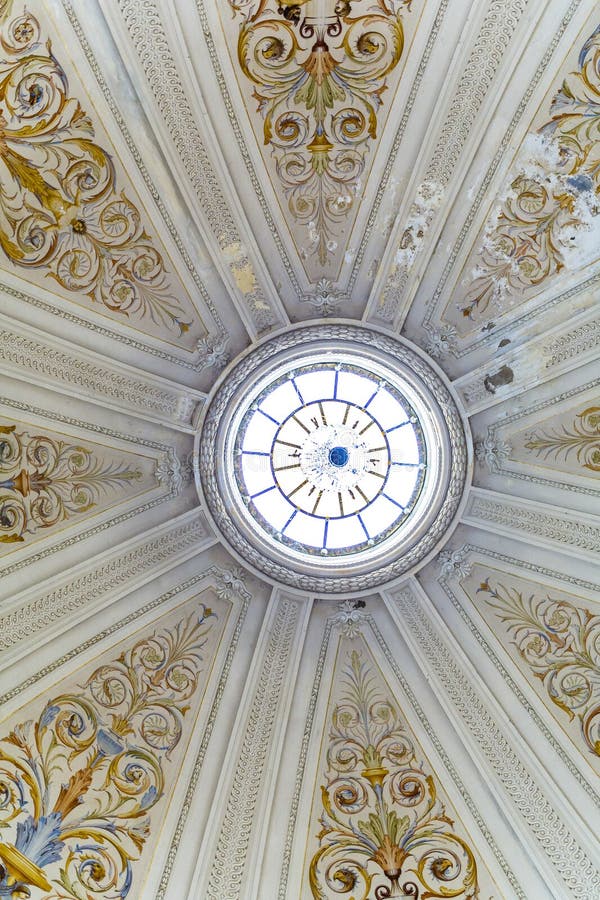Circular Dome with Clock, Glass Fixtures, Intricate Patterns. Byzantine ...