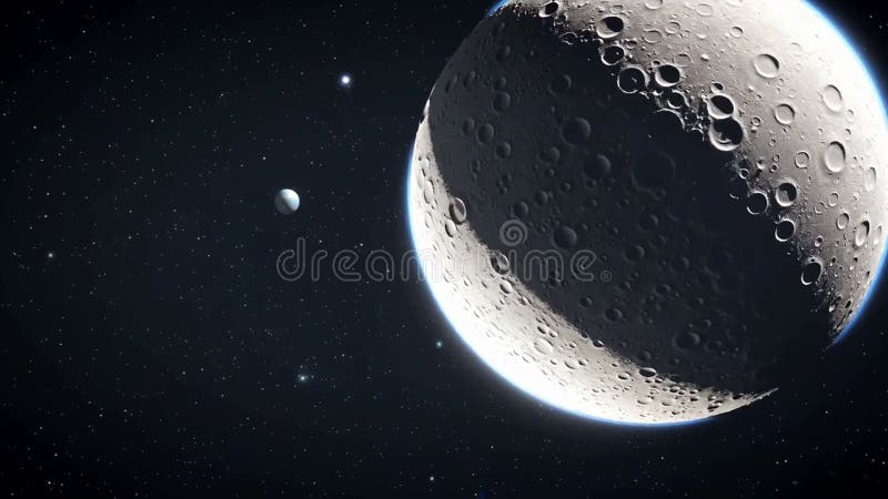 Observing Large Moon with Craters from Space Orbiting Planet Stock ...