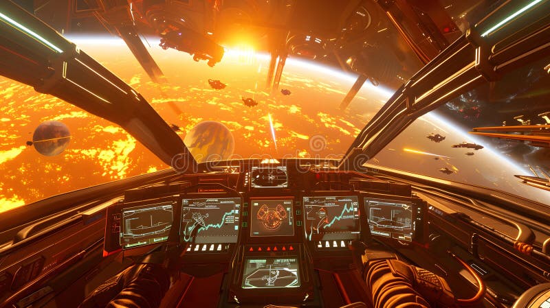 Spaceship Cockpit View of Planets and Star in Deep Space Stock Photo ...