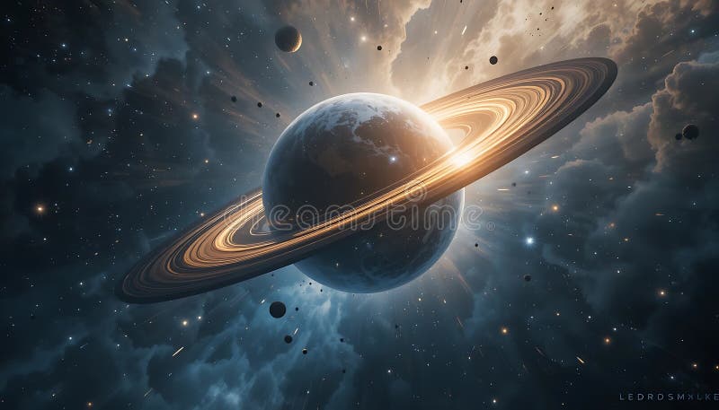 Observing Ringed Planet in Cloudy Nebula with Stellar Light Burst Stock ...