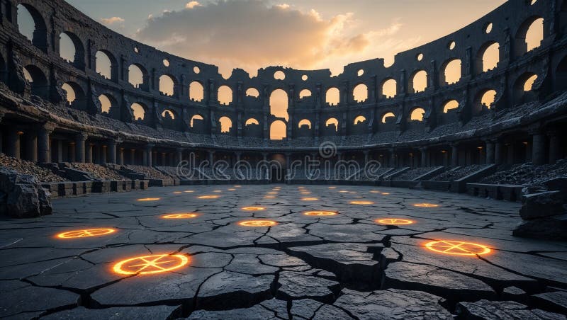 Obsidian Coliseum Where Gods Duel in Silence, Glowing Marks on Cracked ...