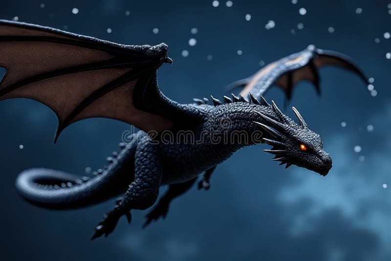Obsidian Dragon Soaring through the Night Sky Stock Illustration ...