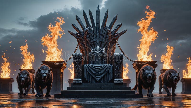 Obsidian Throne Chained To Seven Flaming Pillars, Guarded by Beas Stock ...