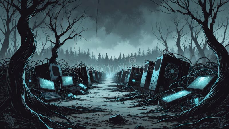 Obsolete Technology Reclaimed by Nature. a Digital Graveyard in a Dark ...