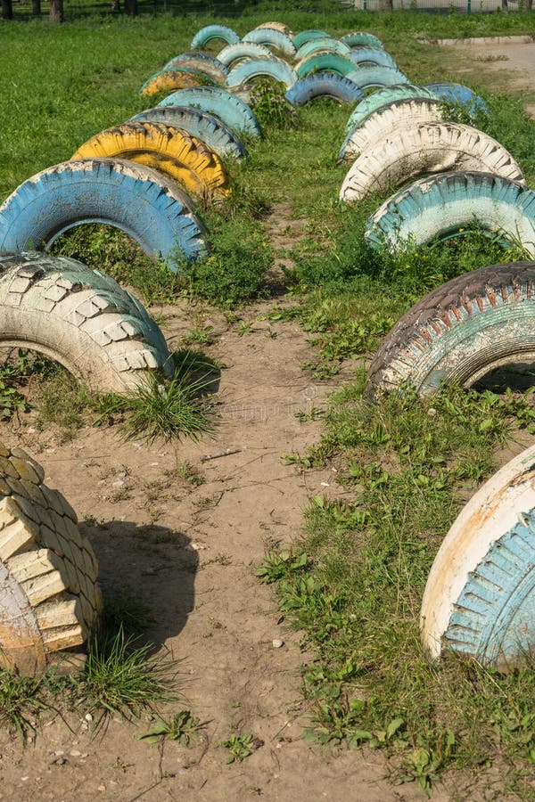Obstacle Running Training Ground with Old Tires Stock Photo - Image of ...