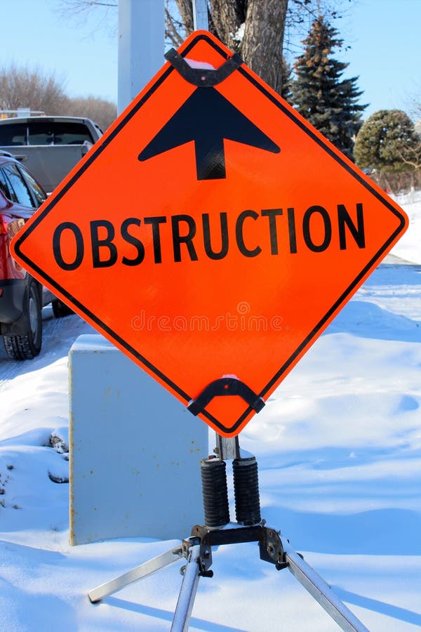 Obstruction Ahead Sign in Winter Stock Photo - Image of caution ...