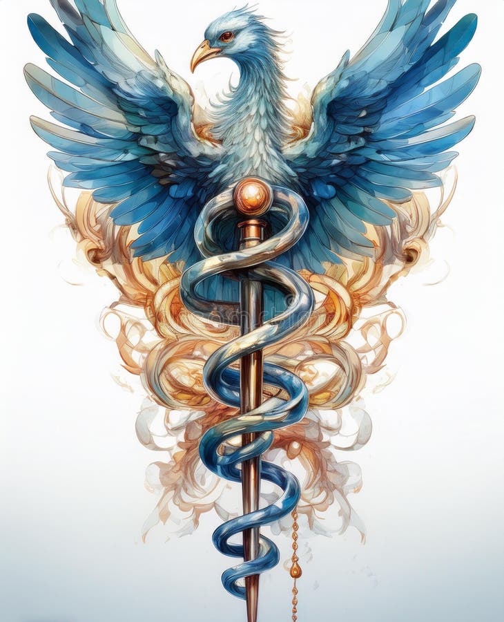 Caduceus Coiled with Two Serpents Facing Each Other, with Wings on the ...