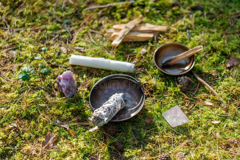 White Sage in Cup and Magical Stuff in Forest Stock Image - Image of ...